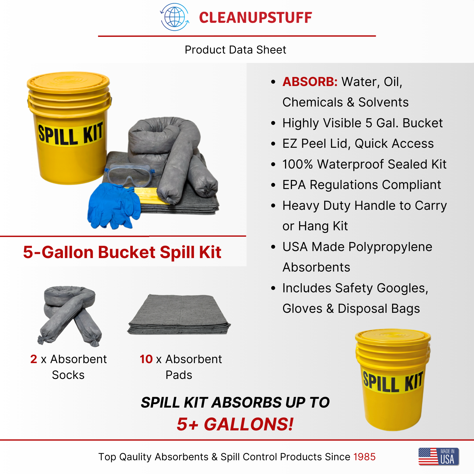 Cleanup Stuff® Original Universal Spill Kit Bucket - Yellow